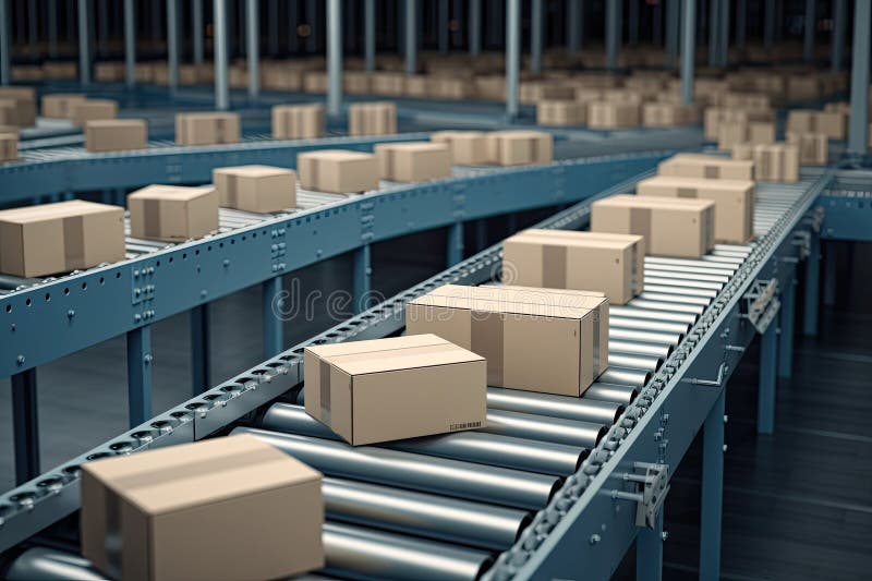 Automatic Production Line, Conveyor Belt with Boxes. Generative AI ...