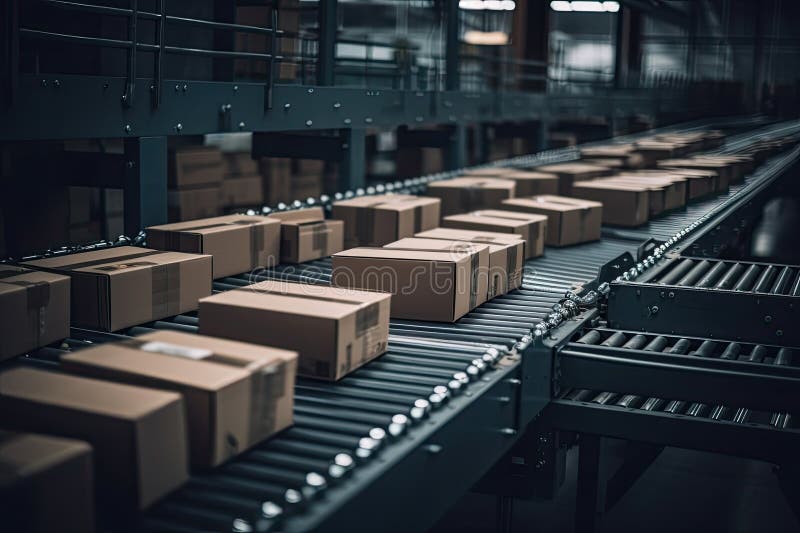 Automatic Production Line, Conveyor Belt with Boxes. Generative AI ...