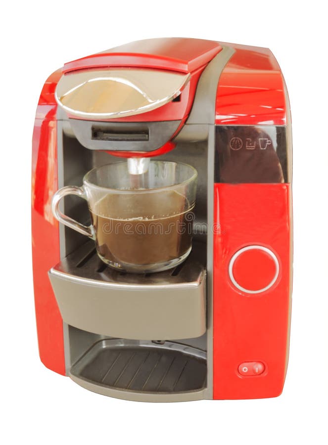 Automatic Red Coffee Maker with Cup of Coffee and Milk Jug on a White ...