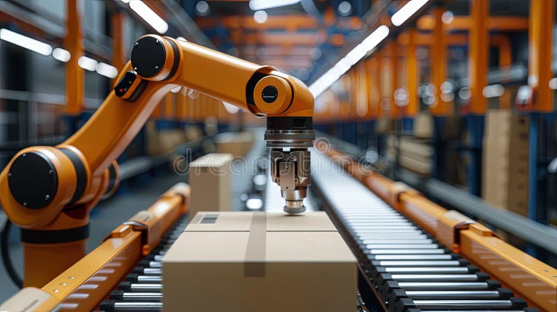 Automatic Robot Arm in Idustrial Shipment Warehouse with Conveyor Belt ...