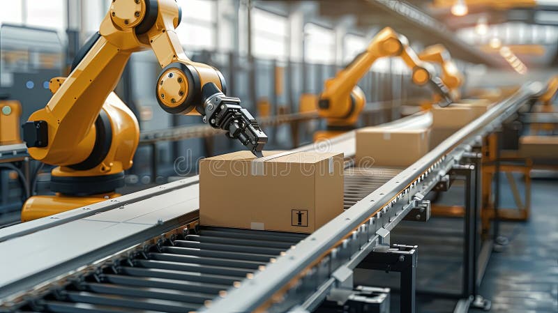 Automatic Robot Arm in Idustrial Shipment Warehouse with Conveyor Belt ...