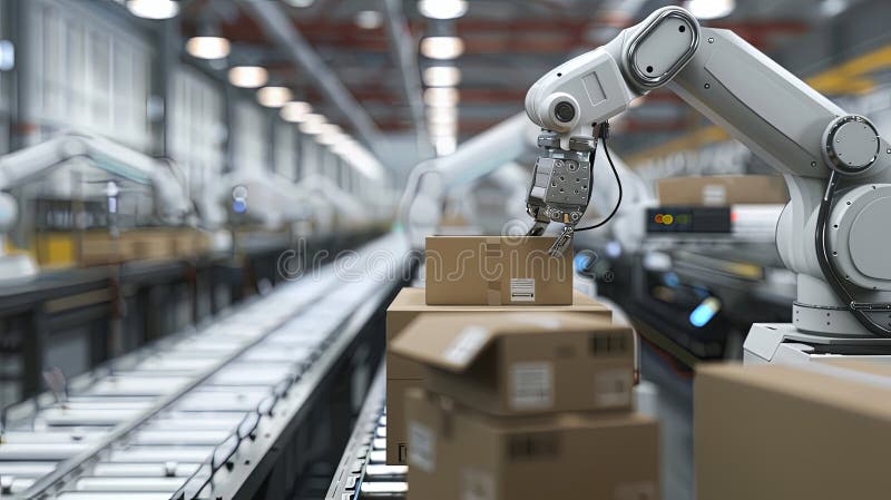 Automatic Robot Arm in Idustrial Shipment Warehouse with Conveyor Belt ...