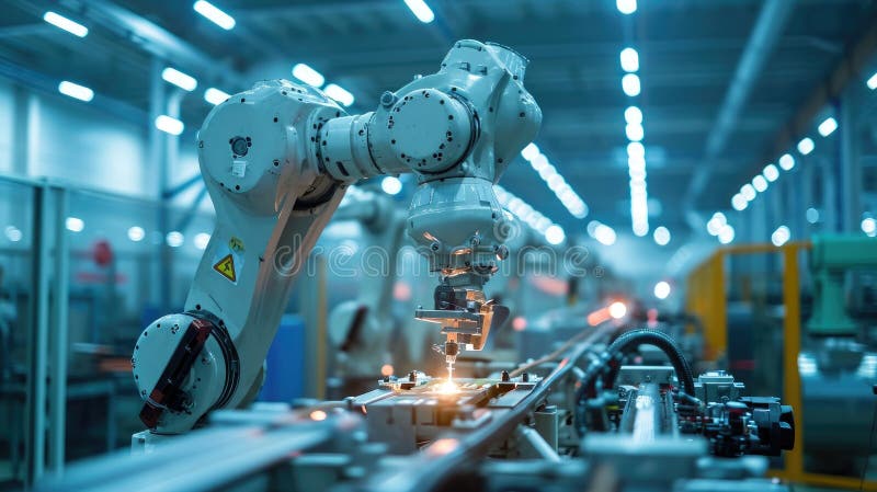 Automatic Robot Arm on Production Line Factory in Warehouse Assembly ...