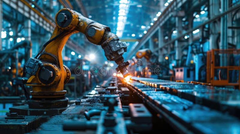 Automatic Robot Arm on Production Line Factory in Warehouse Assembly ...