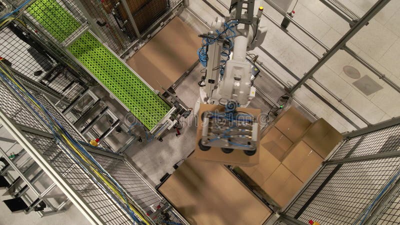 Automatic Robotic Arm Picks Up Boxes from the Conveyor and Carefully ...