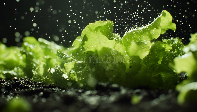 The Automatic Sprinkler System Watered the Fresh Lettuce Vegetables ...