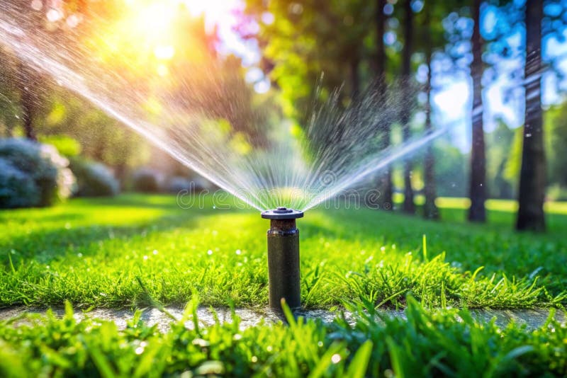 Automatic Sprinkler System Watering Green Grass Lawn in Smart Garden ...