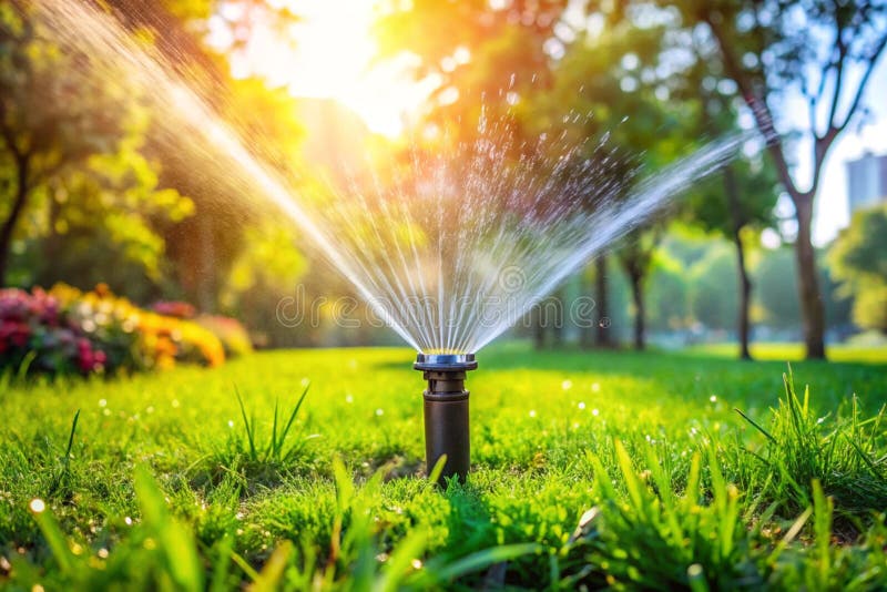 Automatic Sprinkler System Watering Green Grass Lawn in Smart Garden ...