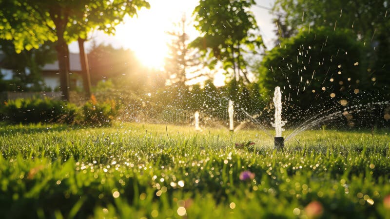 Automatic Sprinkler System Watering the Lawn at Sunset, Concept of ...