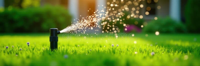 Automatic Sprinkler System Watering Lush Green Lawn , Efficient, Summer ...