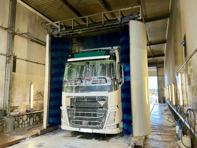 Automatic Truck Wash in Hangar with Rotating Brushes and Foam Stock ...