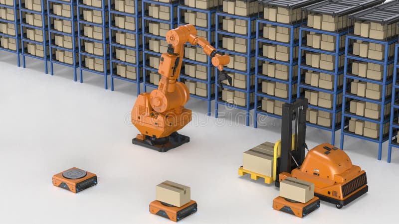 A Robot Forklift Moving through a Spacious Warehouse Aisle Lined with ...