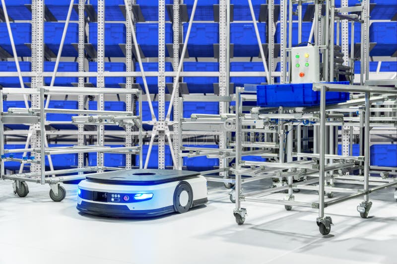 Automatic Warehouse Robot Car Carries Cardboard Box Assembly in Factory ...