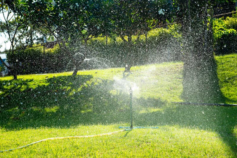 Automatic Watering System and Water Sprayed from the Sprinkler for Lawn ...