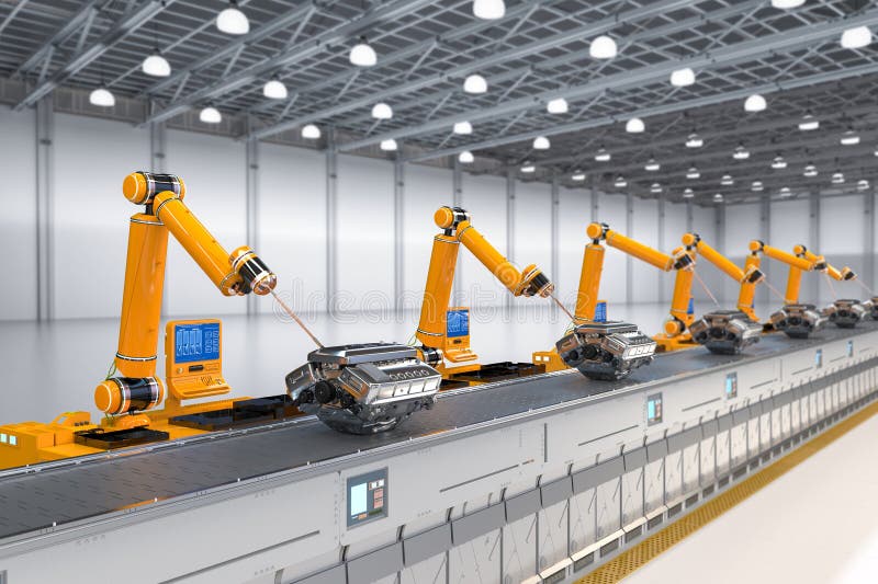 Automation Automobile Factory with Robot Assembly Line with Car Engine ...