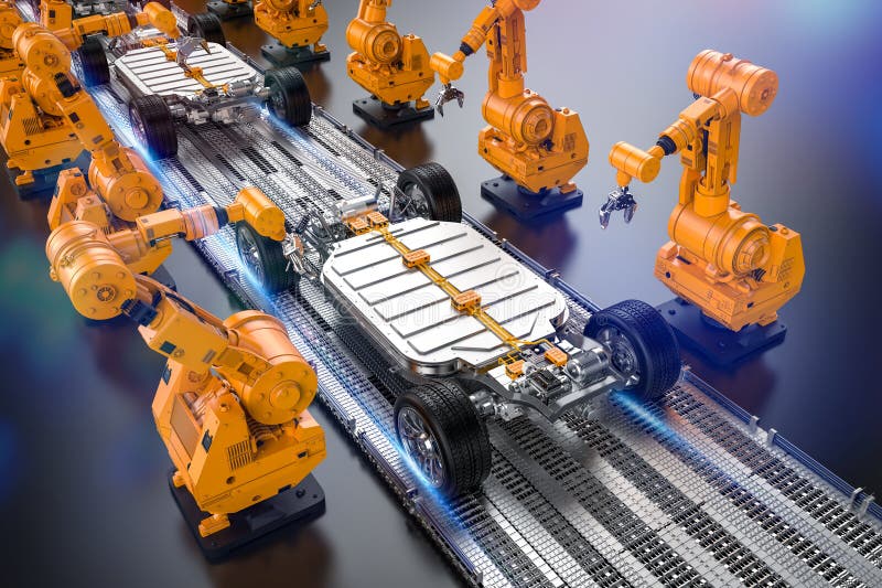 Robot Assembly Line with Ev Car Battery on Undercarriage Platform Stock ...