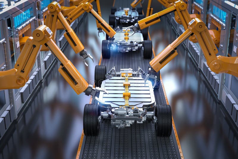 Robot Assembly Line with Ev Car Battery on Undercarriage Platform Stock ...