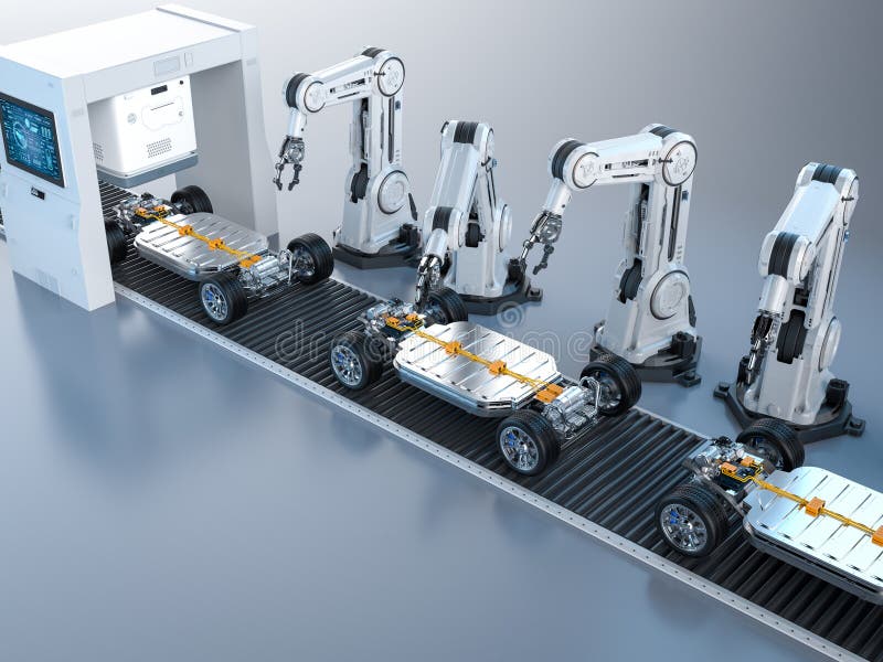 Robot Assembly Line with Ev Car Battery on Undercarriage Platform Stock ...