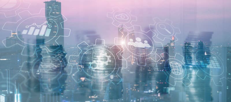 Automation of Business. Gears Icon on Network Connection Stock ...