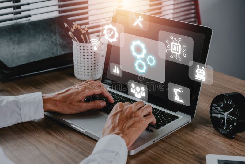 Person Hand Using Laptop Computer with Automation Technology Icon on VR ...