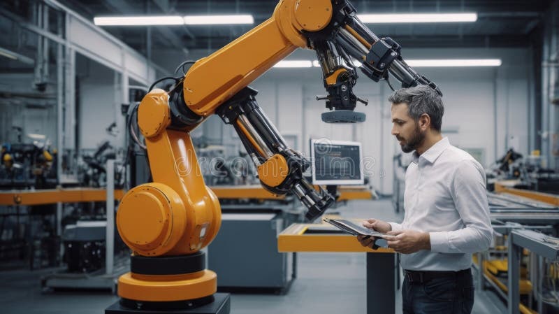 Automation Engineer Uses Tablet For Programming Robotic Arm In Factory
