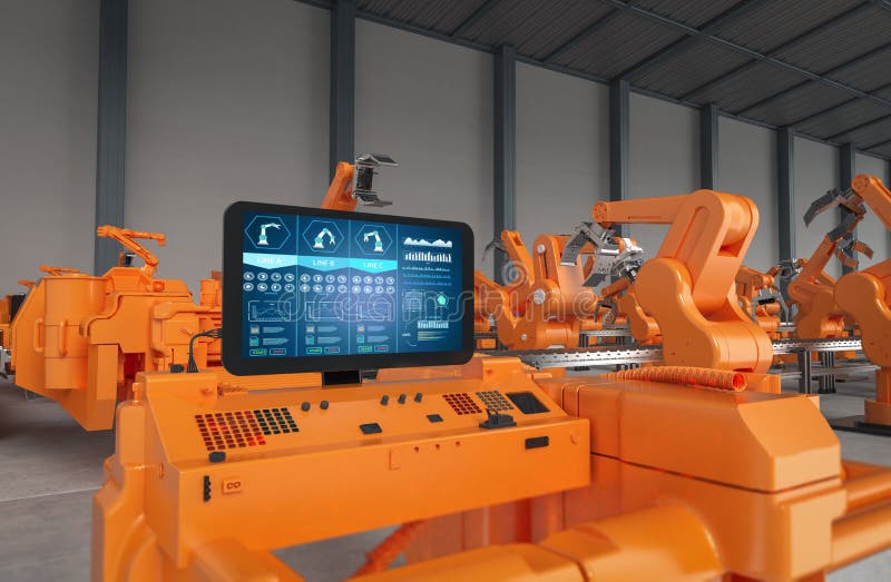 Automation Factory Concept with Control Panel Screen with Robotic Arms ...