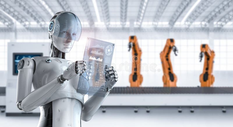 Cyborg work on computer stock illustration. Illustration of office ...