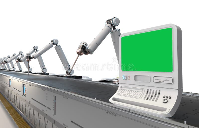 Automation Factory Concept with Empty Screen Control Panel and Robotic ...