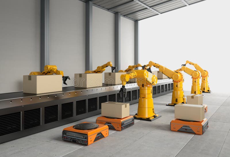 Automation Factory Concept with Robot Arm Work with Warehouse Robot ...