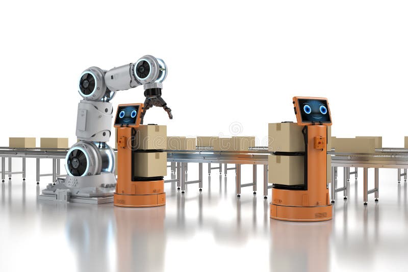 Automation Factory Concept with Robot Arm Work with Warehouse Robot ...