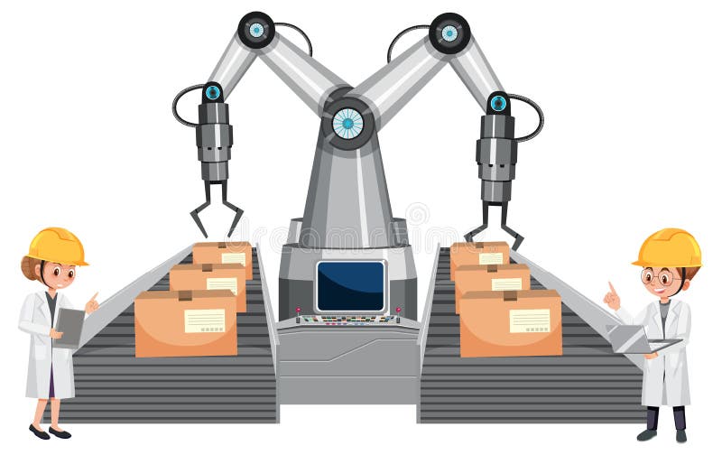 Automation Industry Concept with Assembly Line Robots Stock Vector ...