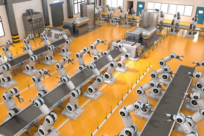 Automation Industry Concept with 3d Rendering Robot Assembly Line Stock ...