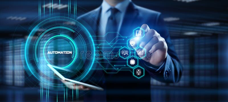 Automation Innovation Technology Concept. Businessman Pressing Button ...
