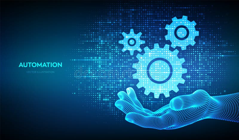 Automation and IOT Software Concept. Gears Icons Made with Binary Code in Wireframe Hand Stock ...