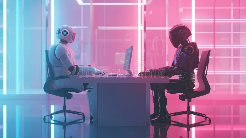 Automation Relationships. Two Robots Engaging in an Office Environment ...