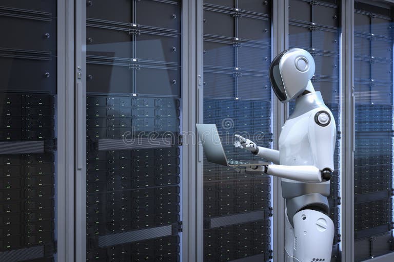 Automation Server with Humanoid Robot Working in Server Room Stock ...
