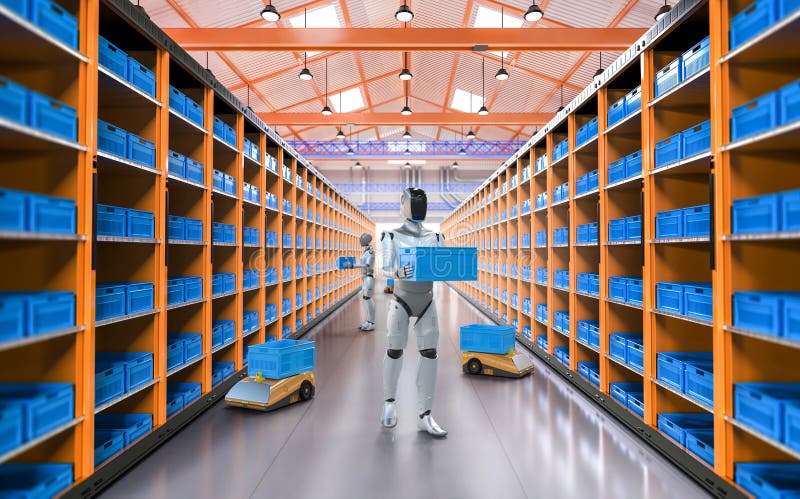 Automation Warehouse with Assistant Robot Work in Warehouse Stock ...