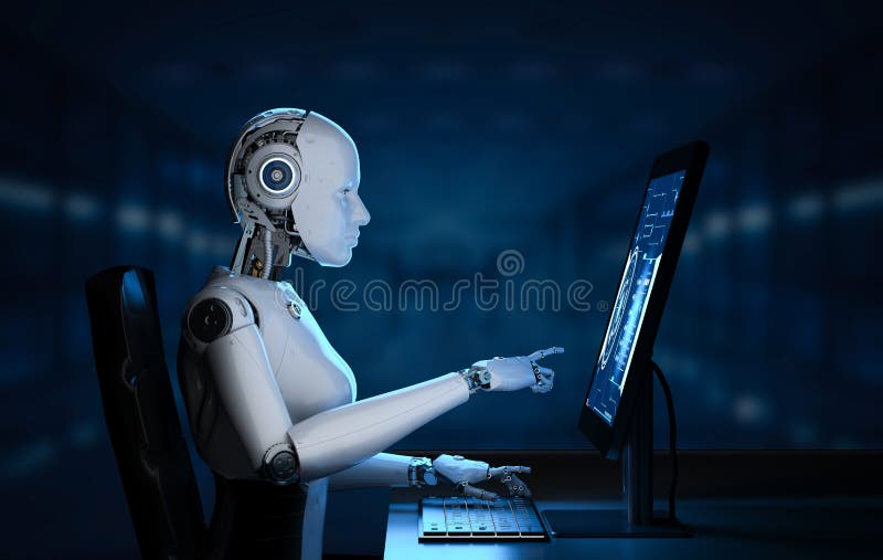 Female Cyborg with Computer Stock Illustration - Illustration of ...