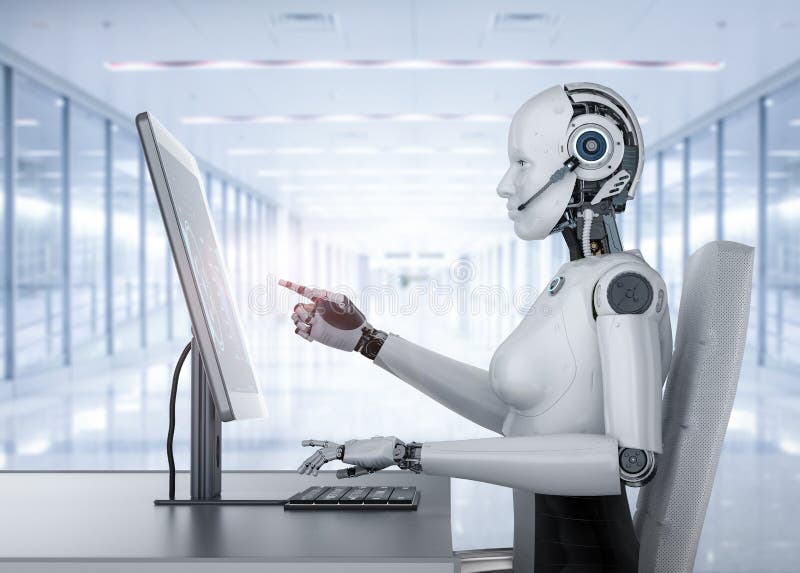 Cyborg work on computer stock illustration. Illustration of company ...