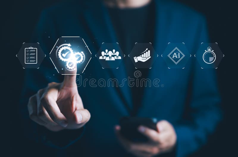 Automation and Workflow Optimization Concept. Businessman with Icons ...