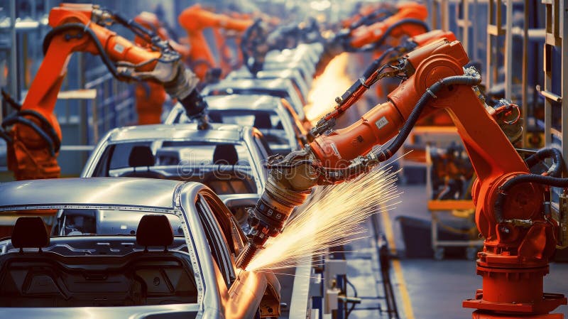 Automobile Assembly Line with Robots and Workers Assembling Cars Stock ...