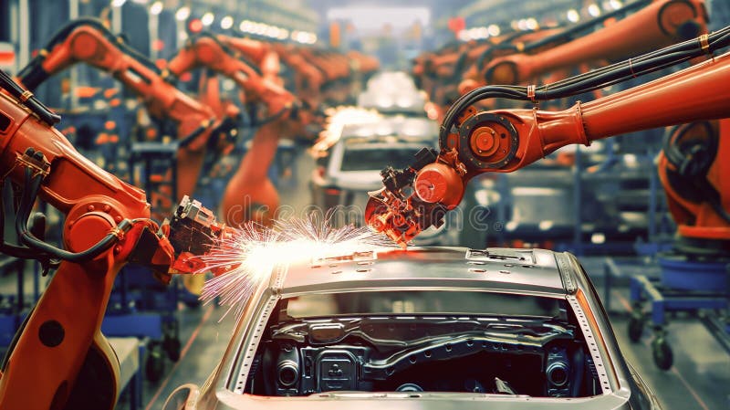 Automobile Assembly Line with Robots and Workers Assembling Cars Stock ...