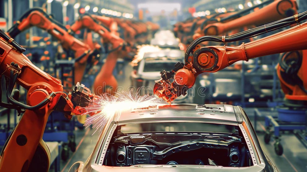 Automobile Assembly Line with Robots and Workers Assembling Cars Stock ...