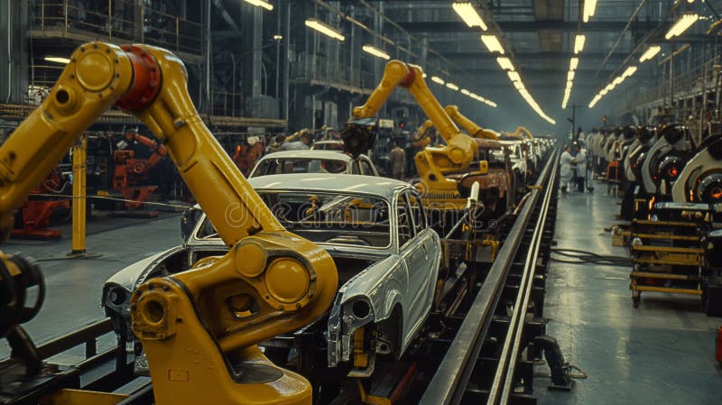 Automobile Assembly Line with Robots and Workers Assembling Cars Stock ...