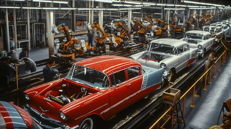 Automobile Assembly Line with Robots and Workers Assembling Cars Stock ...