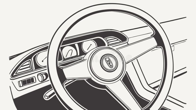 Automobile Dashboard Classic Steering Wheel Car Interior Sketch, Vector ...