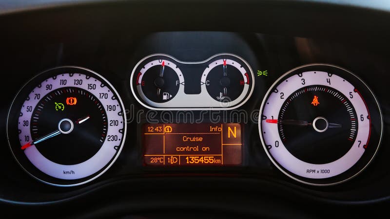 The Automobile Dashboard. Words on the Monitor Cruise Control on. Stock ...