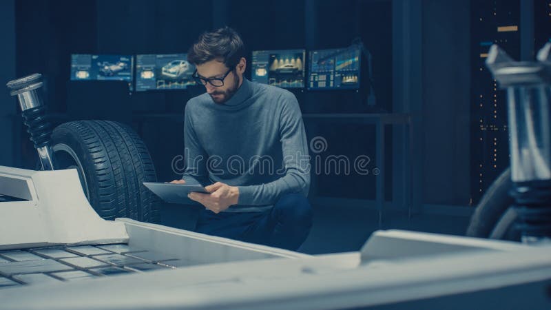Automobile Design Engineer Sitting beside Hybrid Electric Car Chassis ...