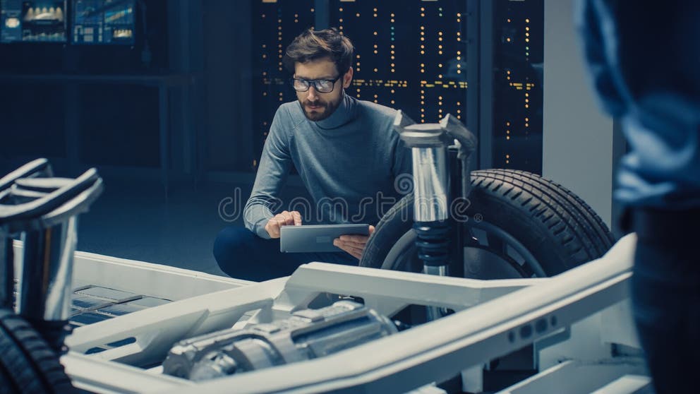 Automobile Design Engineer Sitting beside Hybrid Electric Car Chassis ...