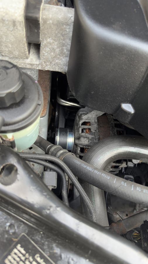Automobile Engine Compartment Close-Up with Alternator and Hoses Stock ...